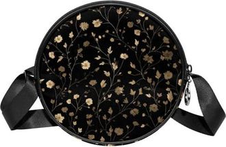 Generic Petit sac &agrave; bandouli&egrave;re rond pour femme, petit sac &agrave; bandouli&egrave;re dor&eacute; &agrave; motif floral avec fermeture &eacute;clair, bretelles r&eacute;glables, sac &agrave; main rond d&eacute;con