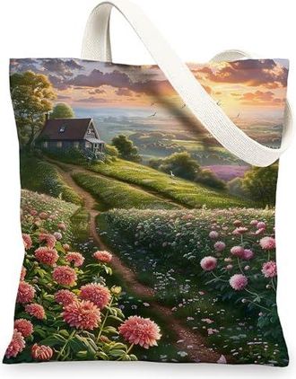 Generic Sacs fourre-tout en toile florale artistique, sacs à provisions réutilisables, légers et lavables en toile écologique B, pêche, 13x15 Inch