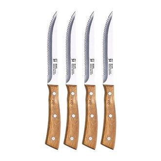 San Ignacio Compact - Set von 4 Fleischmessern - Hergestellt in Edelstahl - Mattes Finishblatt - Acacia -Holzgriff - Perfekt f&uuml;r Barbecue - Chuletero -Set