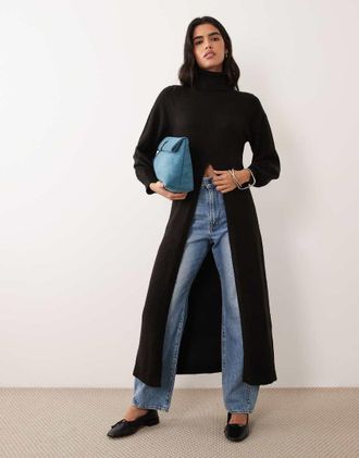 Vila pull long en maille &agrave; col roul&eacute; avec fente, noir