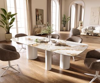 DELIFE Esstisch Edge Boot 260x120 cm Keramik Minas Melange Wei&szlig;-Beige Troa Metall Wei&szlig;, Esstische