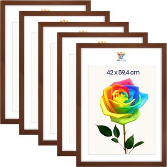 MG Design 5er Set Bilderrahmen A2 42 x 59,4 cm - Posterrahmen mit Braun Echtholzrahmen und bruchsicherem Acrylglas, Hoch & Quer mit stabiler Wandaufh&auml;ngung