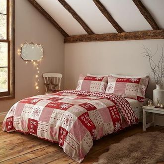 Catherine Lansfield Christmas Let It Snow Housse de Couette et taies doreiller pour lit Double Rouge Naturel