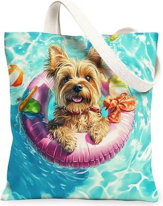Generic Sac fourre-tout amusant en toile pour faire du shopping Motif chien Yorkies 33 x 38 cm, sac &agrave; bandouli&egrave;re r&eacute;utilisable pour femme, peinture danimaux d