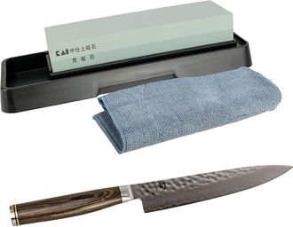 Kai Kai Shun Premier Tim Mälzer TDM-1701 Allzweckmesser aus Damaststahl, 16.5 cm + Kai-Schleifstein AP-0305+ Premium- Poliertuch