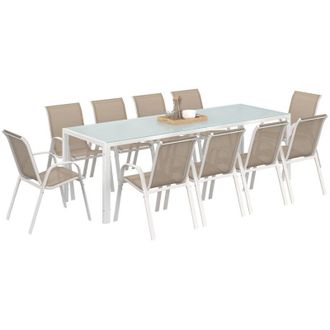 IDMarket Salon de jardin MADRID table 240 CM et 10 chaises empilables blanc et beige