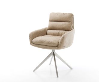 DELIFE Esszimmerstuhl Abelia-Flex mit Armlehnen Mikrofaser Beige Vintage Kreuzgestell breit Edelstahl, Esszimmerst&uuml;hle