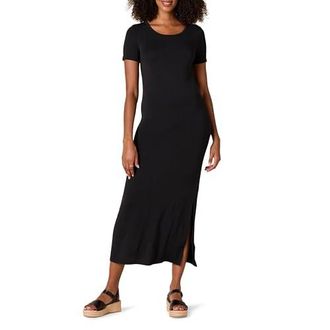Amazon Essentials Robe Longue Fendue sur le C&ocirc;t&eacute; Col Rond &agrave; Manches Courtes Coupe Standard en Jersey Femme, Noir, L