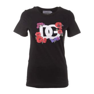 Dolce & Gabbana Femme, Tops, Noir, Taille: 36 FR Flowers DG Short Sleeve T-shirt
