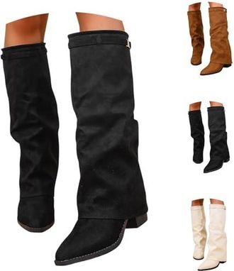 Generic Bottes mi-mollet en daim pour femme - Large mollet - Bout pointu - Talon bloc &eacute;pais - Coupe extensible - Pour lautomne et lhiver, Noir, 39.5 EU