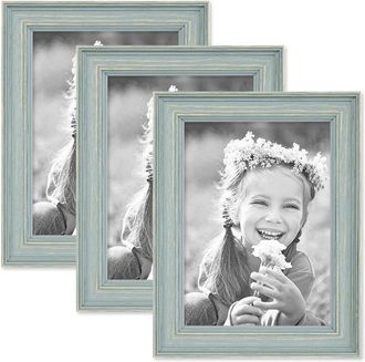 Photolini 3er Set Bilderrahmen Skandinavischer Landhaus-Stil Petrol/Taubenblau 13x18 cm Massivholz mit Shabby-Chic Note/Fotorahmen/Wechselrahmen