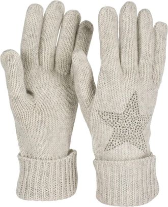 styleBREAKER Damen Strickhandschuhe mit Strass Stern Applikation | warme weiche Winterhandschuhe mit doppeltem Bund | elastische Fingerhandschuhe, Farbe:Hellgrau m