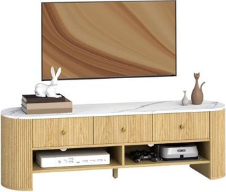 HOMCOM Meuble TV - HOMCOM - 140 cm - téléviseur 32-65 pouces - effet marbre - avec 3 tiroirs façades à cannelures - effet bois naturel