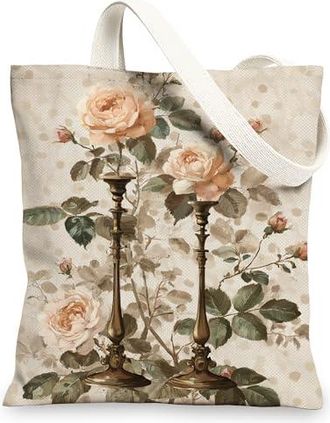Generic Sacs fourre-tout vintage en toile motif floral élégant, sacs à provisions réutilisables, légers et lavables avec bandoulière, beige, 13x15 Inch