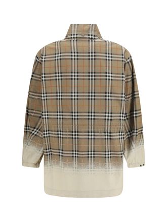 Burberry Mens Gabardine Parka With Faded Check Print Taupe Cotton Jacket