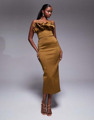 Asos Robe mi-longue à bustier structuré avec détails de volants au corsage - Olive-Vert