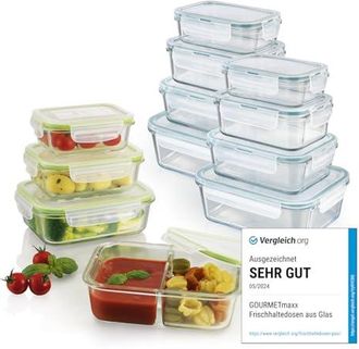 Gourmetmaxx Glas-Frischhaltedosen Klick-it 12er Set | Als Brotdose oder für Meal Prep | Spülmaschinen- Mikrowellen- und Gefrierschrankgeeignet | Aufbewahrungsbox 
