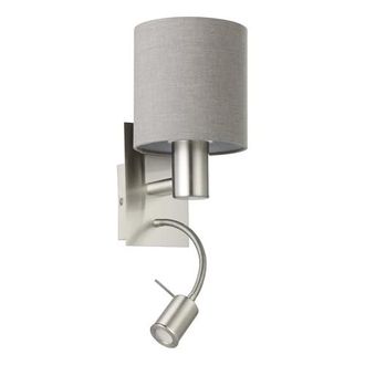 Eglo Lampe murale LED PASTERI, applique murale en textile &agrave; 2 flammes, mat&eacute;riau : acier, tissu, couleur : nickel mat, gris, douille : E27, avec interrupteu