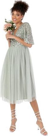 Maya Damen Midi Abendkleid Cocktailkleid Abschlussball V-Ausschnitt Kurze Ärmel Tüllkleid Elegant für Hochzeit Robe de Demoiselle dhonneur, Green Lily, 42 