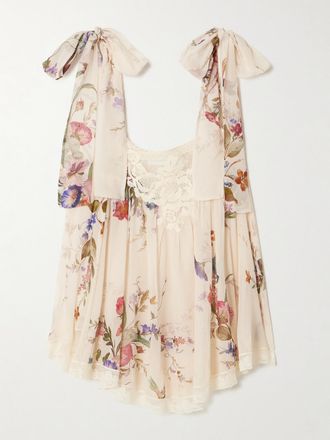 Zimmermann Patience Oberteil Aus Einer Baumwoll-seidenmischung Mit Blumenprint Und Spitzenbes&auml;tzen - Elfenbein