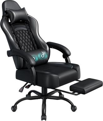 Yaheetech Chaise Gaming avec Massage, Fauteuil Gaming Ergonomique avec Repose-Pieds R&eacute;tractable, Hauteur R&eacute;glable, Dossier Inclinable &agrave; 135&deg;, Chaise de Bureau e