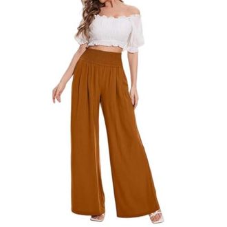 Generic Pantalon Palazzo à taille smockée pour femme, taille haute, pour lété, la plage, le salon, le voyage décontracté avec poche, Orange, XXL