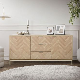 ML Design ML-Design Sideboard 160x75,5x40 cm, Eiche Optik mit Fischgr&auml;tenmuster, Metallgestell Gold, Kommode mit 2 T&uuml;ren und 3 Schubladen, Anrichte mit 5 F&uuml;&szlig;en,
