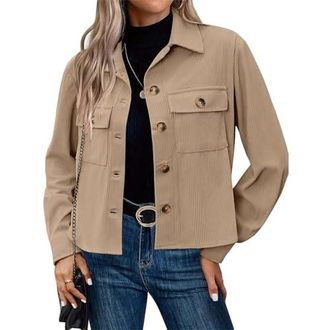 Generic Veste courte d&eacute;contract&eacute;e &agrave; manches longues et col &agrave; revers pour femme en velours c&ocirc;tel&eacute;, kaki, XXL