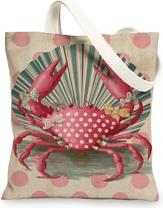 Generic Sacs fourre-tout en toile de crabe, mignon motif animal marin, sacs à provisions réutilisables, rétro côtier léger lavable bandoulière Ca, pêche, 13x1