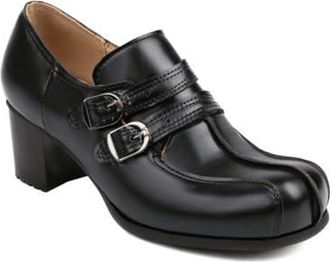 Generic Femmes Fermées Bout Rond PU Cuir Mocassins Glisser sur Escarpins De Robe avec Double Boucle Talon Bloc Chaussures De Bureau,Noir,35.5 EU