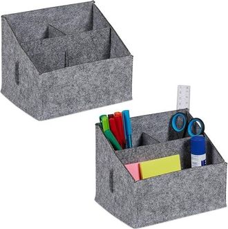Relaxdays Schreibtisch Organizer, Filz, 2er Set, 3 Fächer, H x B x T: 14 x 18 x 14,5 cm, Ordnungssystem fürs Büro, grau