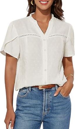 Grace Karin Chemise dété Henley pour femme, col en V, boutonnée, manches courtes, blanc, XL