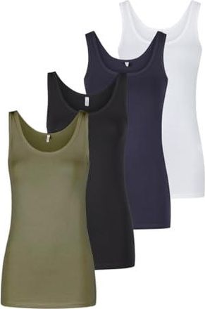 Only Onllive LUV Lot de 4 débardeurs en coton stretch pour femme - Coupe ajustée - Col rond - Sans manches - Couleur unie - Noir - Blanc - Beige - Rouge - 