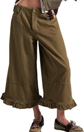 Generic Jean ample &agrave; jambe large pour femme - Taille &eacute;lastique - Ourlet &agrave; volants - Pantalon d&eacute;contract&eacute; en jean court - Doux et mignon, vert militaire, XL