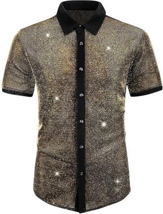 Generic Chemise &agrave; paillettes &agrave; manches courtes et col &agrave; revers pour homme, chemise boutonn&eacute;e scintillante, grande taille, tenue de soir&eacute;e disco des ann&eacute;es 70,