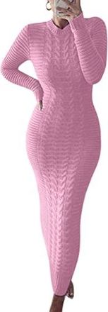 ORANDESIGNE Robe Femme Longue Hiver Tricoté Chic et Elegant Pull Long Manche Longue Robe Moulante Décontractée Chaude Maxi Robe Pullover Tricot Côtelé Rosa XS