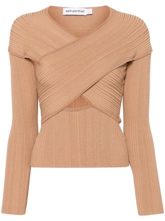 Self Portrait haut nervuré à design cache-coeur - Marron