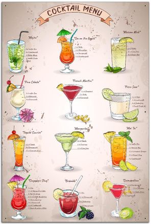 Wallario Outdoor-Poster f&uuml;r Garten oder Balkon Cocktail-Men&uuml;, Motivbanner Gr&ouml;&szlig;e: ca. 60 x 90 cm, Outdoor-Bild