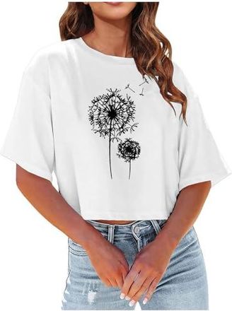 Generic Haut court &agrave; manches courtes pour femme &agrave; col rond 2025 - D&eacute;contract&eacute; - Demi-chemises de sortie - Coupe ample - Tendance - Joli t-shirt d&eacute;t&eacute;, blanc, X