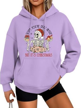 Generic Sweat &agrave; capuche de No&euml;l pour femme, imprim&eacute; squelette, manches longues avec cordon de serrage, hauts d&eacute;contract&eacute;s | pour le voyage, lavande, XXL