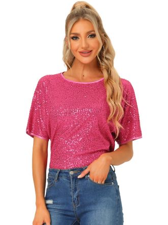 Allegra K Damen Festliches Oberteil Pailletten Oberteile Kurzarm Rund Halsausschnitt Party Glitzer Top Hei&szlig; Rosa XS