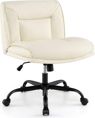Costway Costway - Chaise de Bureau avec Roues, sans Accoudoirs en Cuir Artificiel, Dossier et Assise Large, Hauteur R&eacute;glable, Chaise Tournante &agrave; 360&deg;, Beige