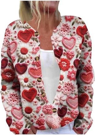 Generic Cardigan d&eacute;contract&eacute; imprim&eacute; pour la Saint-Valentin 2026, Rouge, 3XL