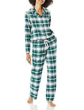 Amazon Essentials Ensemble pantalon de pyjama et chemise en flanelle à manches longues boutonnés sur le devant Femme, Blanc Vert Foncé Écossais, L