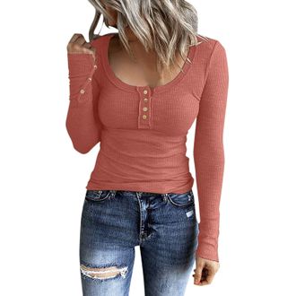Generic Henley T Shirt Damen Langarm Strickpullover U-Ausschnitt Button Down Langarmshirt Pullover Basic Tee Große Größen Gestricktes T Shirt Sweater Pulli Ob
