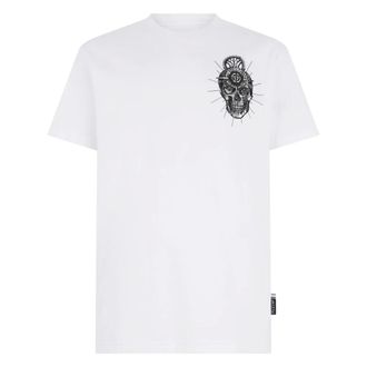 Philipp Plein Homme, Tops, Blanc, Taille: 2XL T-Shirt Col Rond Broderie T&ecirc;te de Mort Poitrine