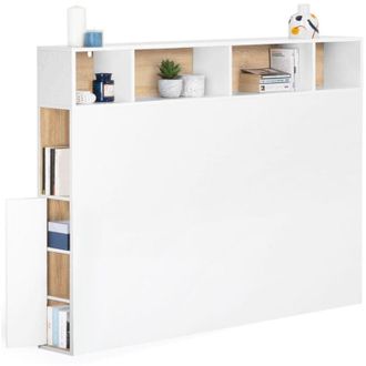IDMarket Kopfteil auf Fu&szlig; cleo 145 cm mit geschlossenem Stauraum und Nischen wei&szlig; und Buchenholzoptik