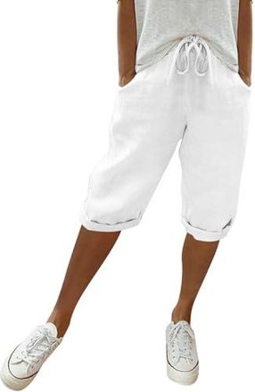 Generic Short d&eacute;t&eacute; d&eacute;contract&eacute; en Coton et Lin avec Cordon de Serrage &agrave; la Taille Poches pour Femme randonn&eacute;e Longueur Genou V&ecirc;tement d&eacute;tente Haute
