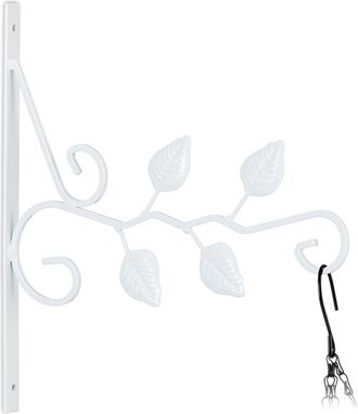 Relaxdays Blumenampel Halterung, Blätter, Wandmontage, HxBxT: 30 x 29,5 x 2 cm, Blumenhaken außen & innen, Eisen, weiß