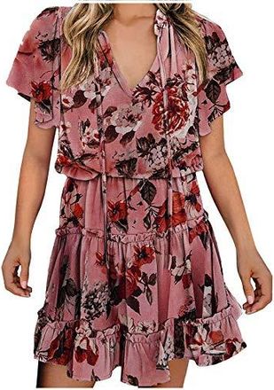 Generic Robes d&eacute;t&eacute; boh&egrave;me 2026 pour femmes, col en V, manches pliss&eacute;es, mini jupe tendance pour femmes, Rouge, XXL